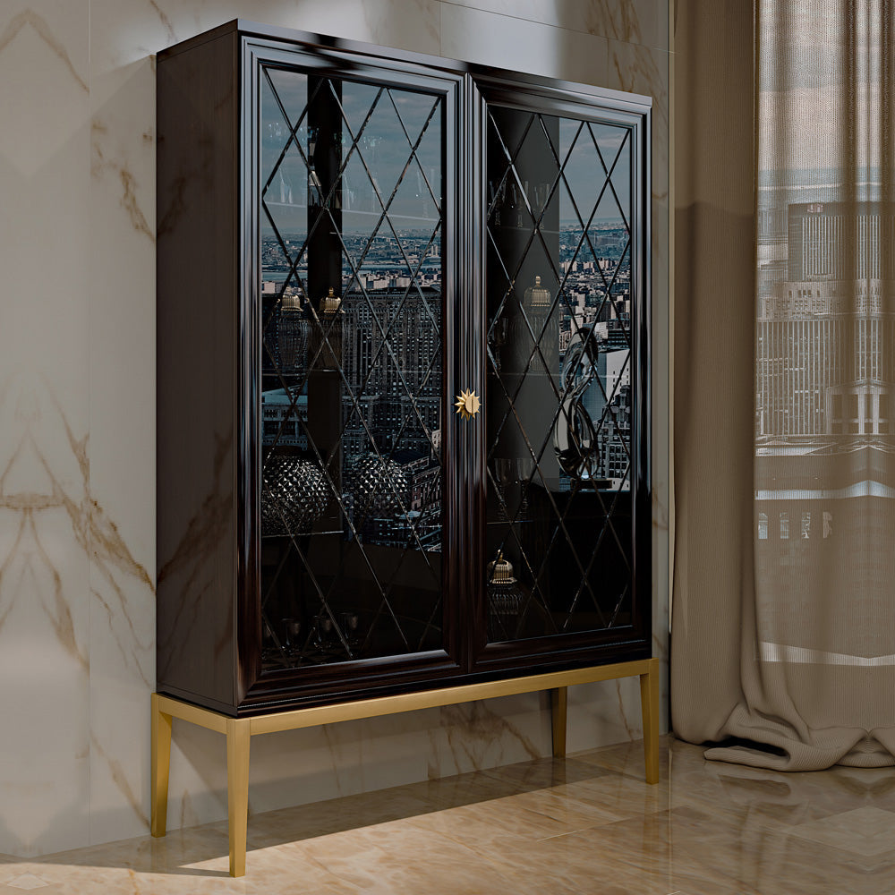Dark Brown Display Closet with Black Glass and Gold Accents – Sidqa